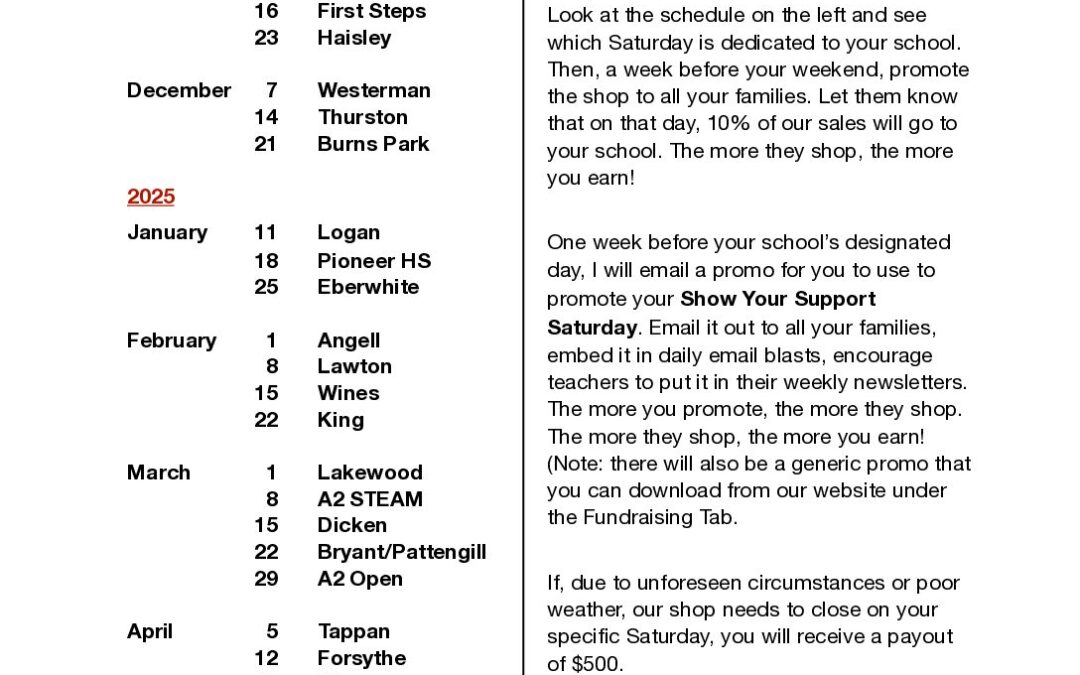 2024-2025 SYS Schedule | Ann Arbor PTO Thrift Shop