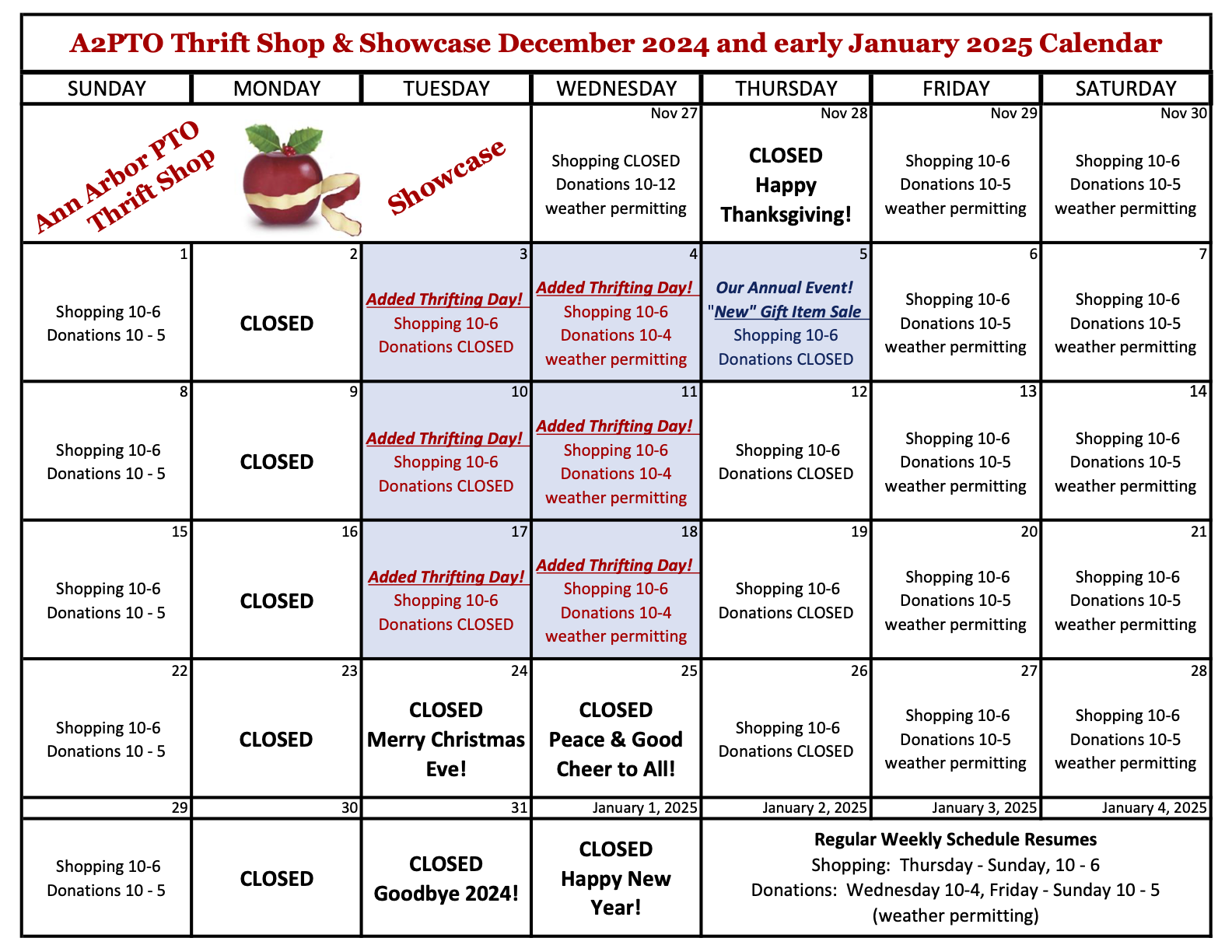 December 2024 Calendar | Ann Arbor PTO Thrift Shop